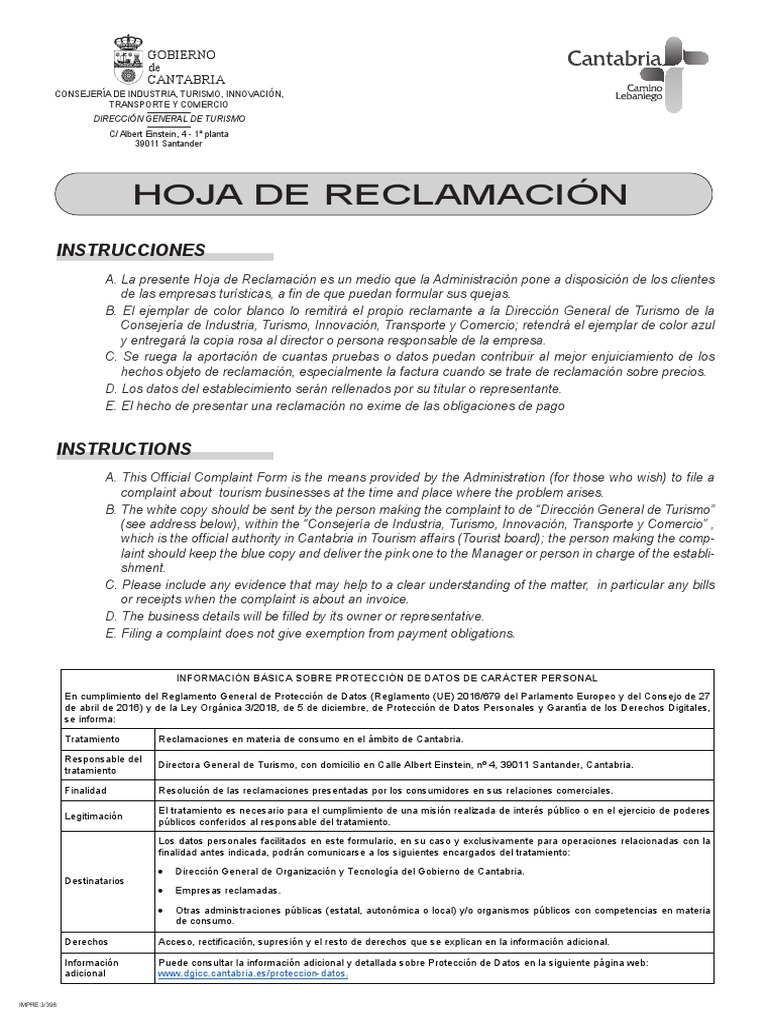 Hoja de Reclamación: Instrucciones | PDF | Privacidad de la información | Gobierno