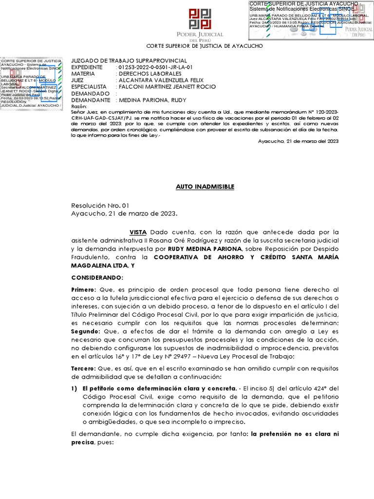 Resolución Judicial Que Declara Inadmisible Una Demanda Laboral Y