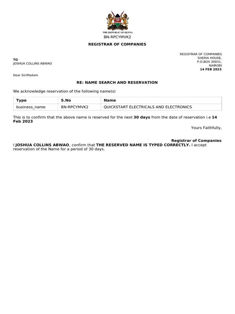 BN-RPCYMVK2-Name Reservation Certificate | PDF