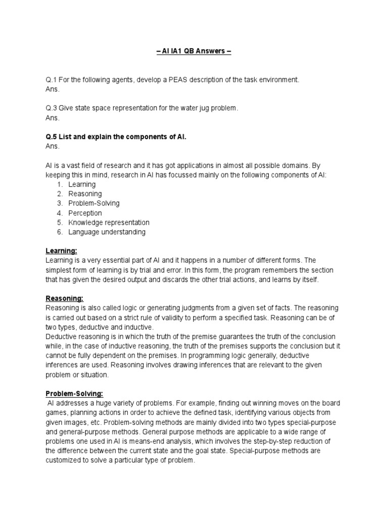 AI IA1 QB Answers | PDF | Artificial Intelligence | Intelligence (AI ...