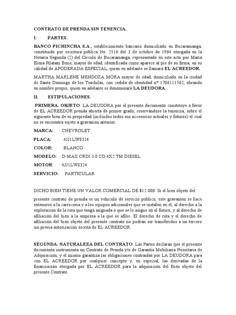 Contrato de Prenda Sin Tenencia | PDF | Pagos | Seguro