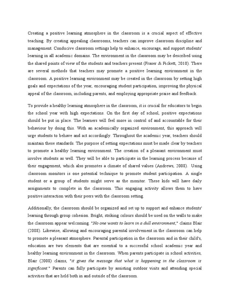 Positive Learning Environment | PDF | Teachers | Classroom