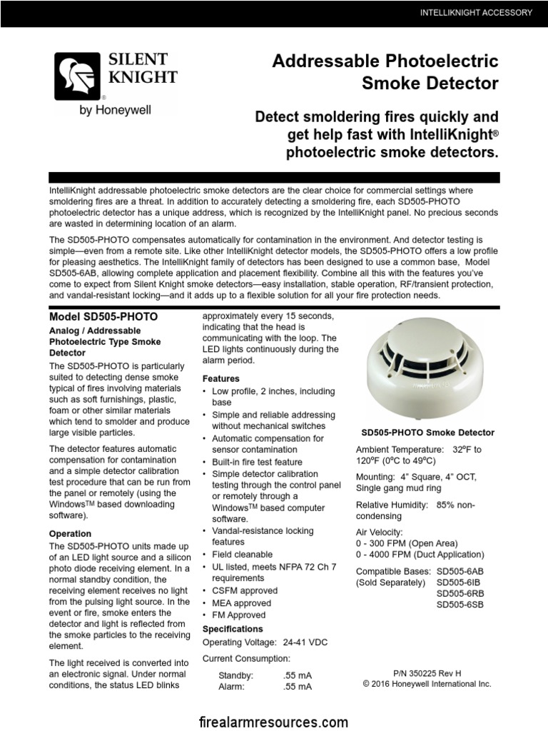 Silent Knight SD505-APS Addressable Photoelectric Smoke Data Sheet ...