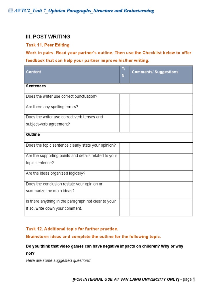 Iii. Post Writing: AVTC2 - Unit 7 - Opinion Paragraphs - Structure and ...