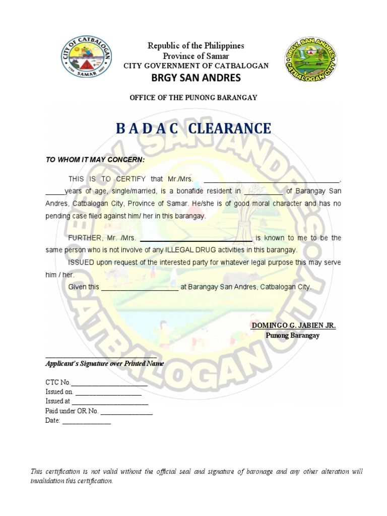 BADAC Clearance Certificate Sample | PDF