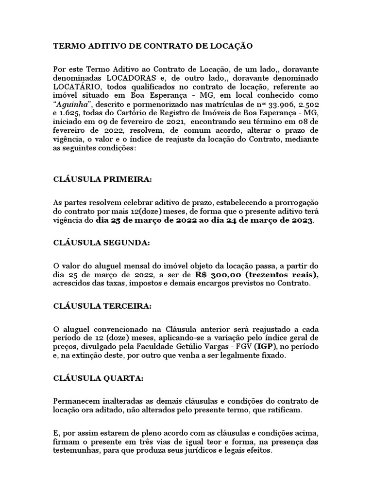 Termo Aditivo de Contrato de Locação | PDF Termo Aditivo de Contrato de Locação | PDF
