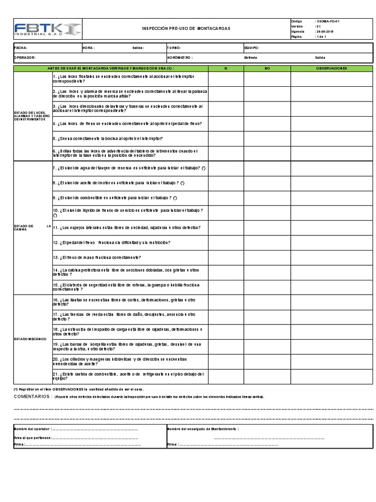 SSOMA-FO-21 Inspeccion pre uso de Montacargas | PDF | Transporte | Coche