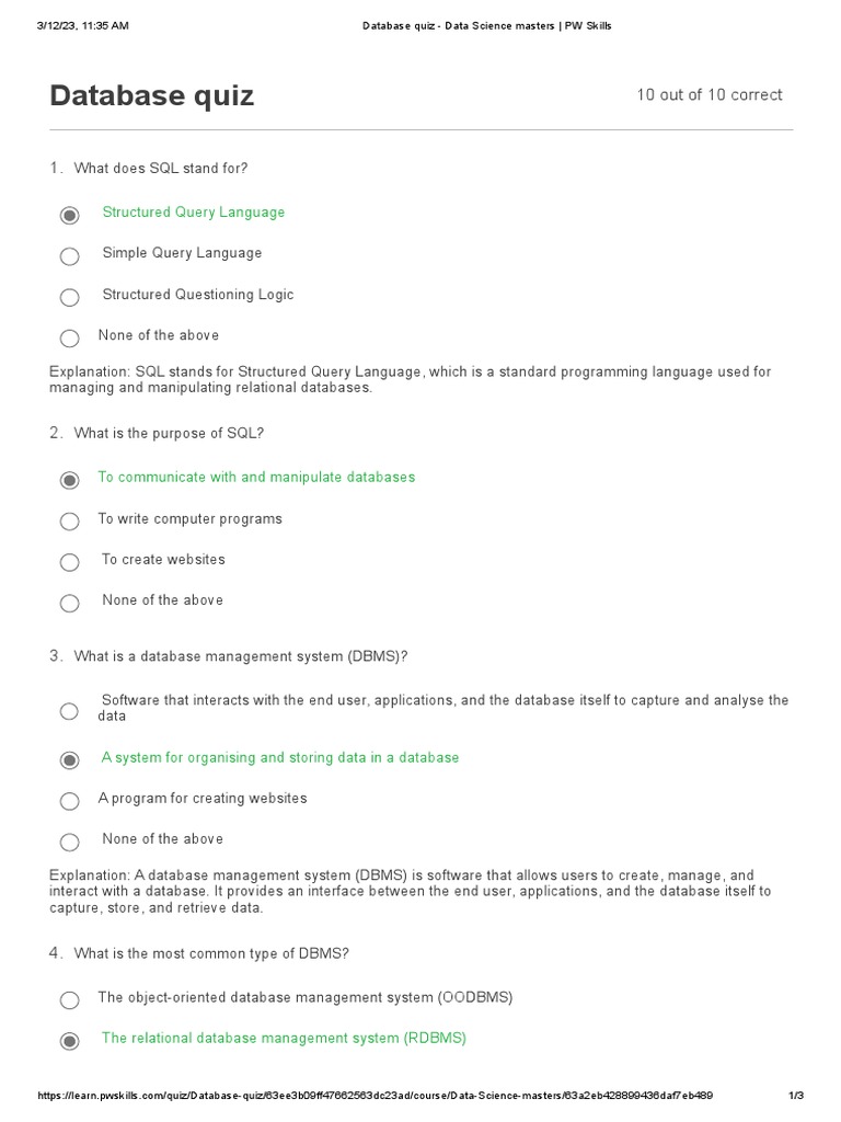 Database Quiz - Data Science Masters - PW Skills | PDF | Databases | Relational Database