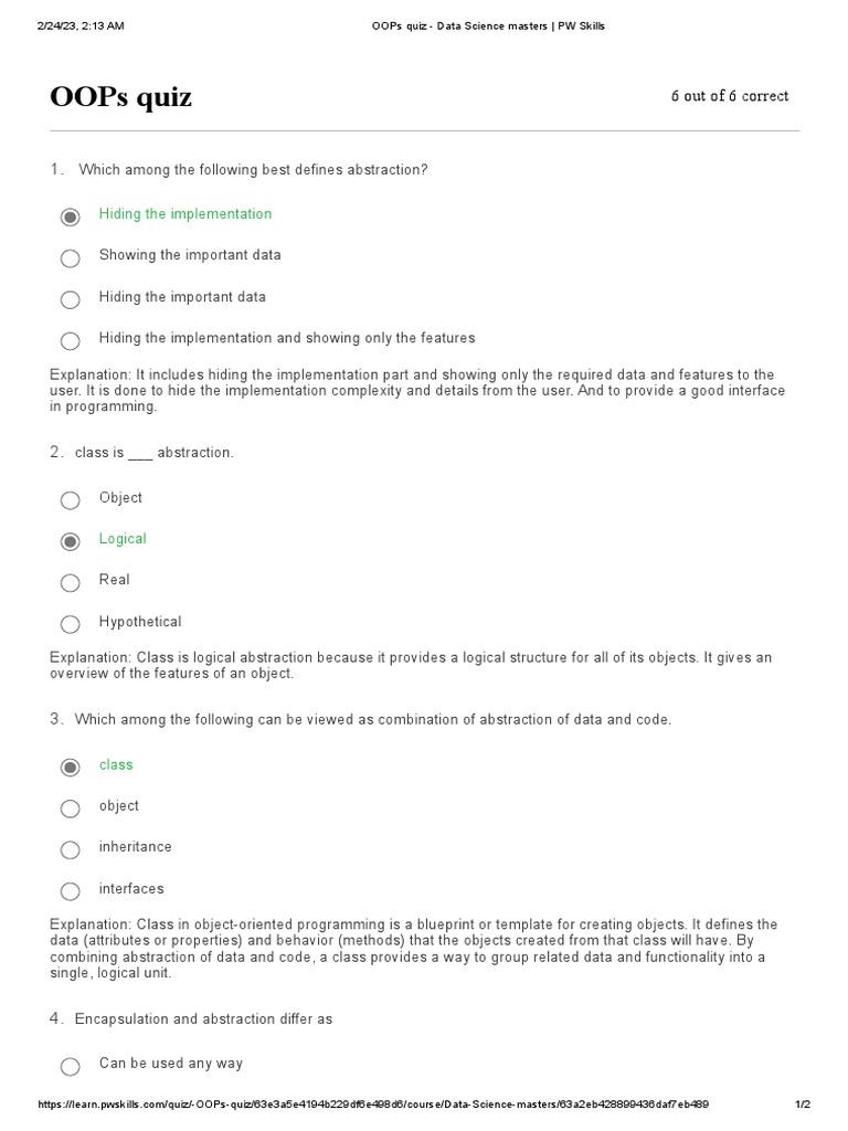 OOPs Quiz - Data Science Masters - PW Skills | PDF | Abstraction (Computer Science) | Class ...