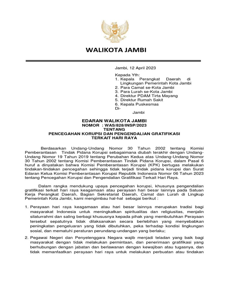 Surat Edaran Pencegahan Gratifikasi | PDF