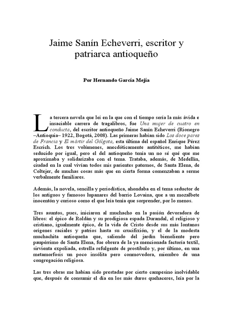 Jaime Sanín Echeverri, Escritor y Patriarca Antioqueño | PDF