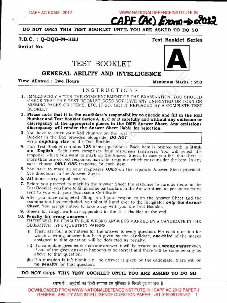 National Defence Institute: Test Booklet | PDF