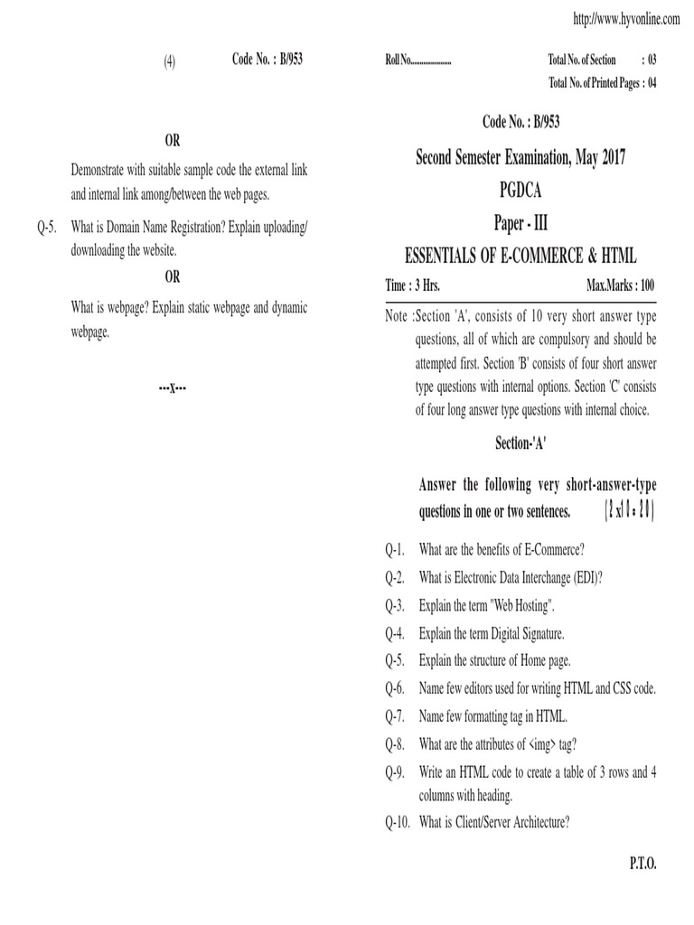 Second Semester Examination, May 2017 Pgdca Paper - III Essentials of E ...