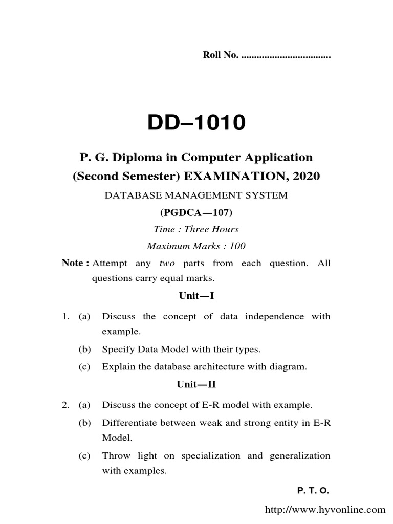 Pgdca 2 Sem Database Management System DD 1010 2020 | PDF
