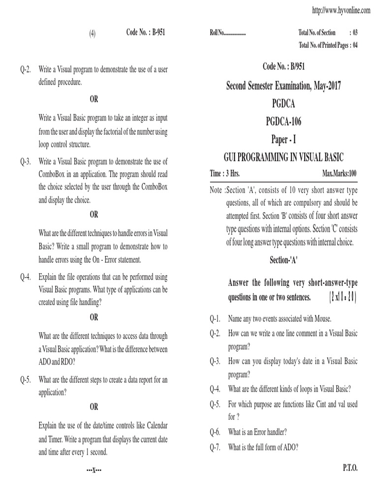 Pgdca 2 Sem Gui Programming in Visual Basic 951 May 2017 | Download Free PDF | Computer Program ...