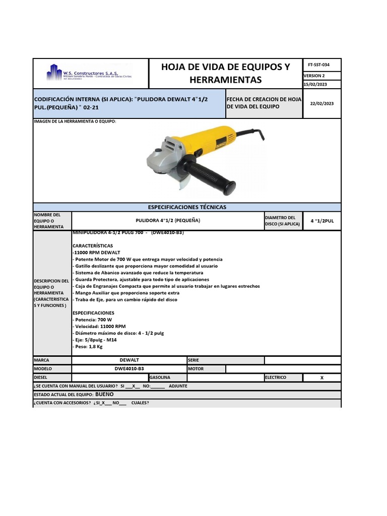 Hoja de Vida de Equipos Y Herramientas: Codificación Interna (Si Aplica ...