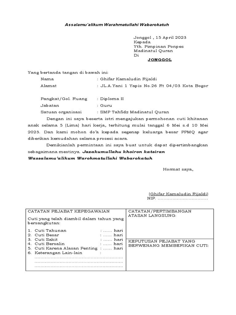 Surat Izin Cuti Khitanan | PDF