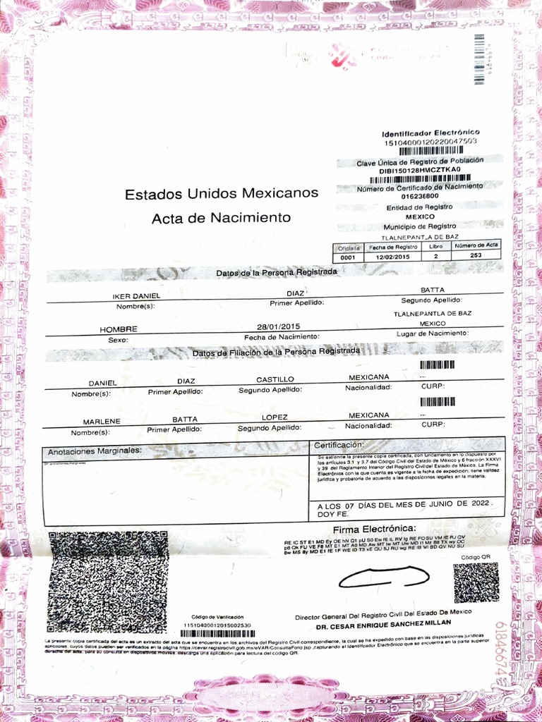 Estados Unidos Mexicanos: Acta de Nacimiento | PDF | Aplicaciones de la criptografía | Control ...