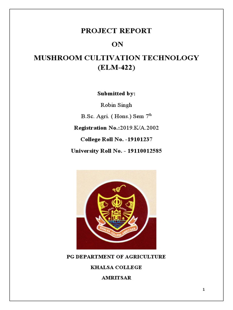 Project Report ON Mushroom Cultivation Technology (ELM-422) : Submitted ...