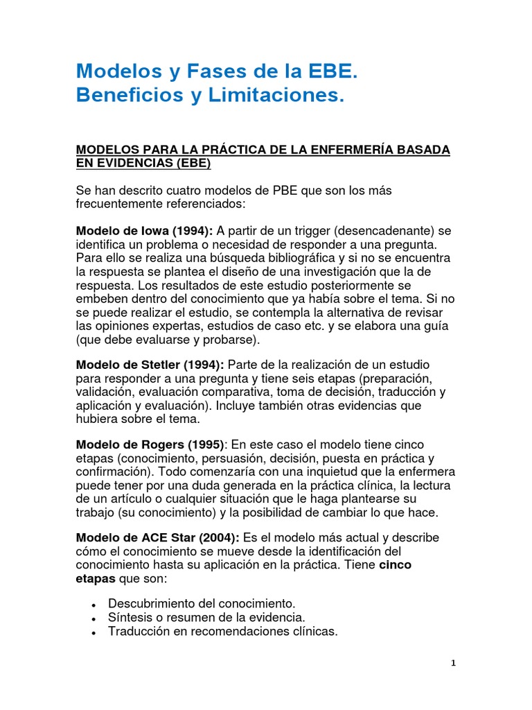 Modelos y Fases de la EBE en Enfermería | PDF | Enfermería | Evaluación