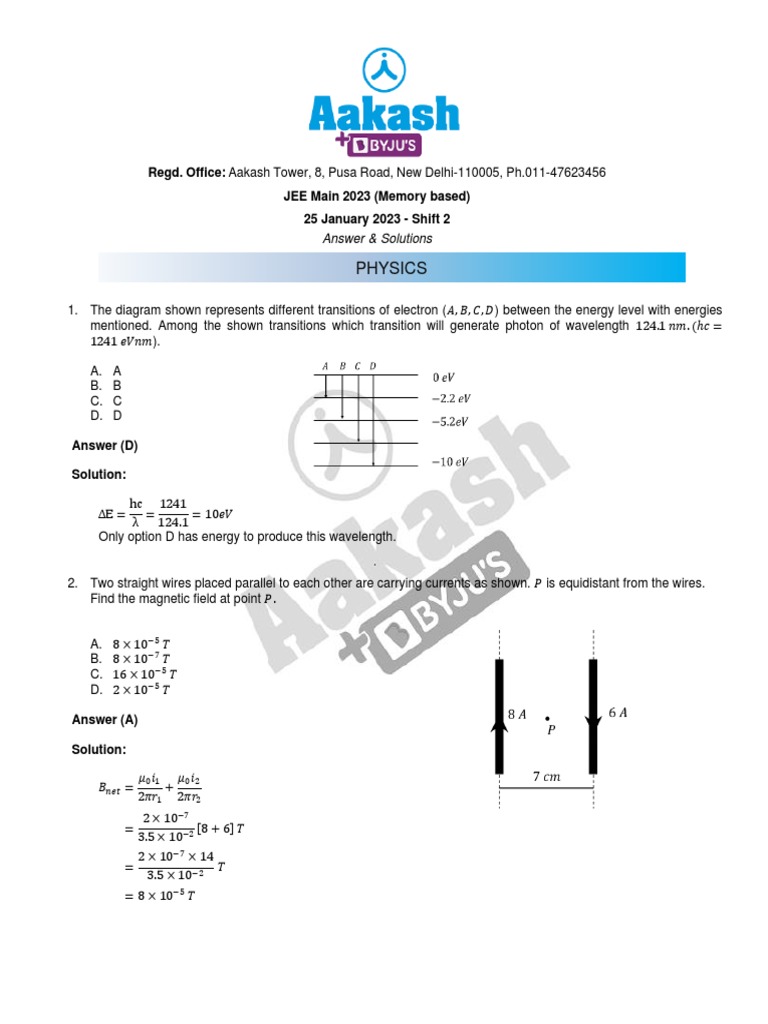 JEE Main 2023 25th Jan Shift 2 QP | PDF | Physical Quantities | Physics