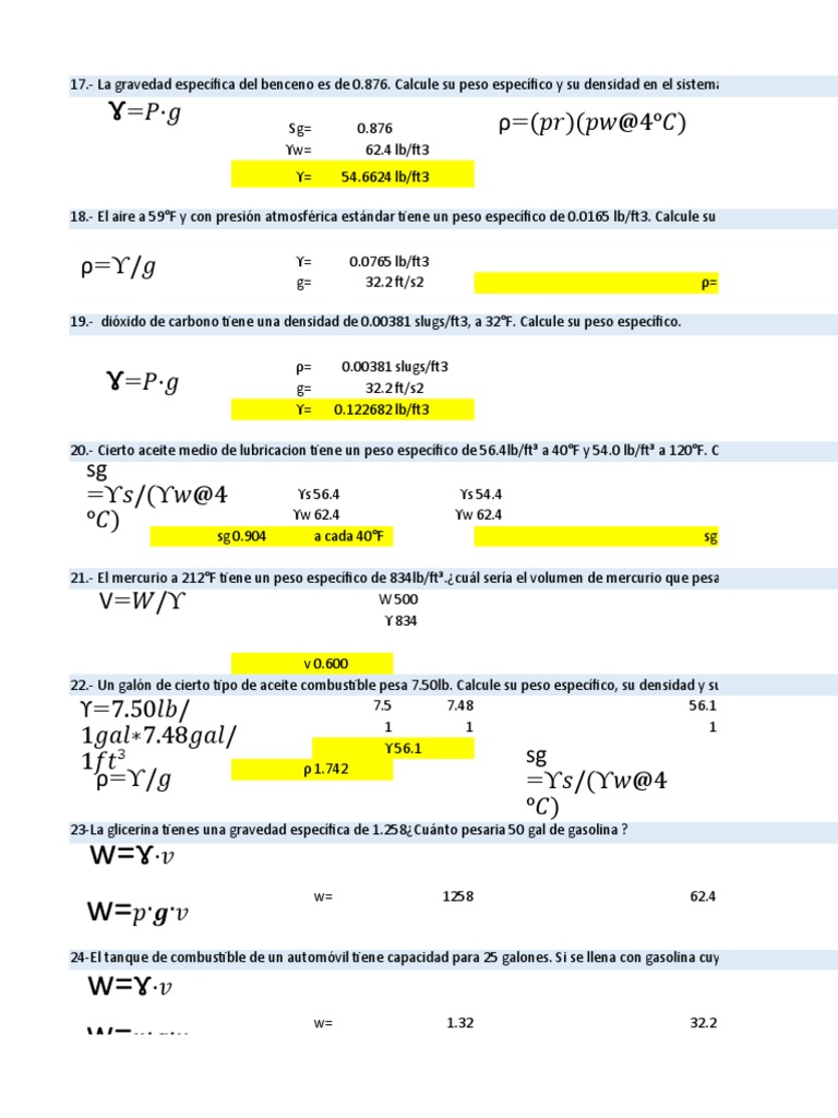 Cálculos de densidad, peso específico y gravedad específica para ...