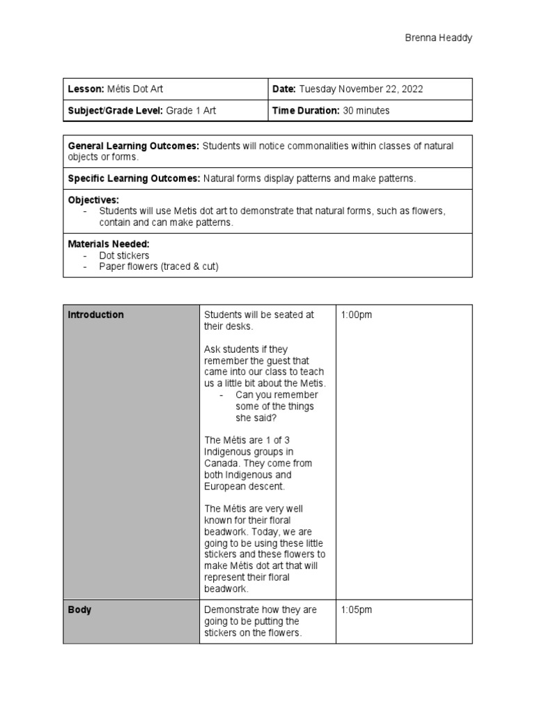Metis Dot Art Lesson Plan | PDF | Métis | Cognition