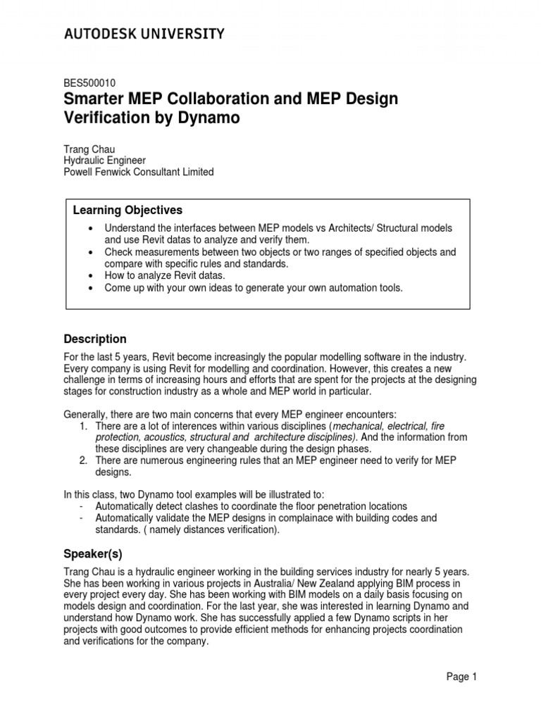 AU2021-BES500010 - Smarter MEP Collaboration and MEP Design Verifications by Dynamo | PDF ...
