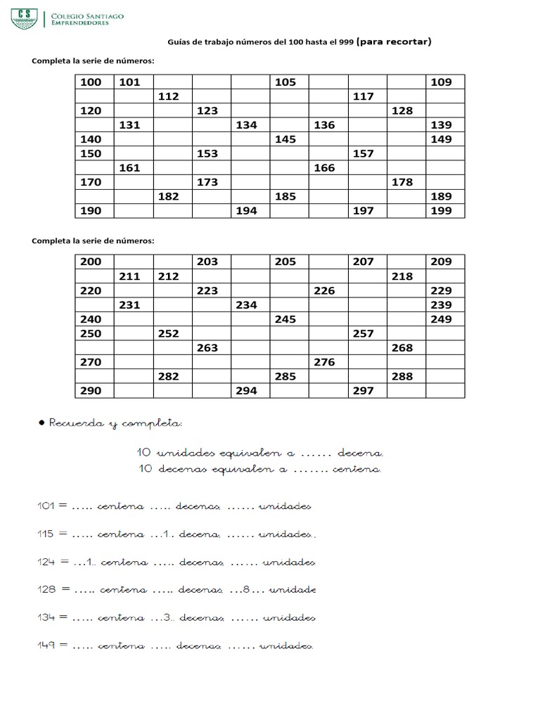 Guías de Trabajo Números Del 100 Hasta El 999 | PDF