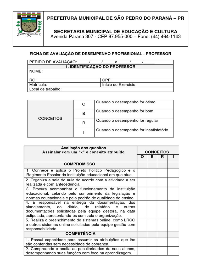 Ficha de Desempenho para Avaliacao Docentes | PDF | Pedagogia ...