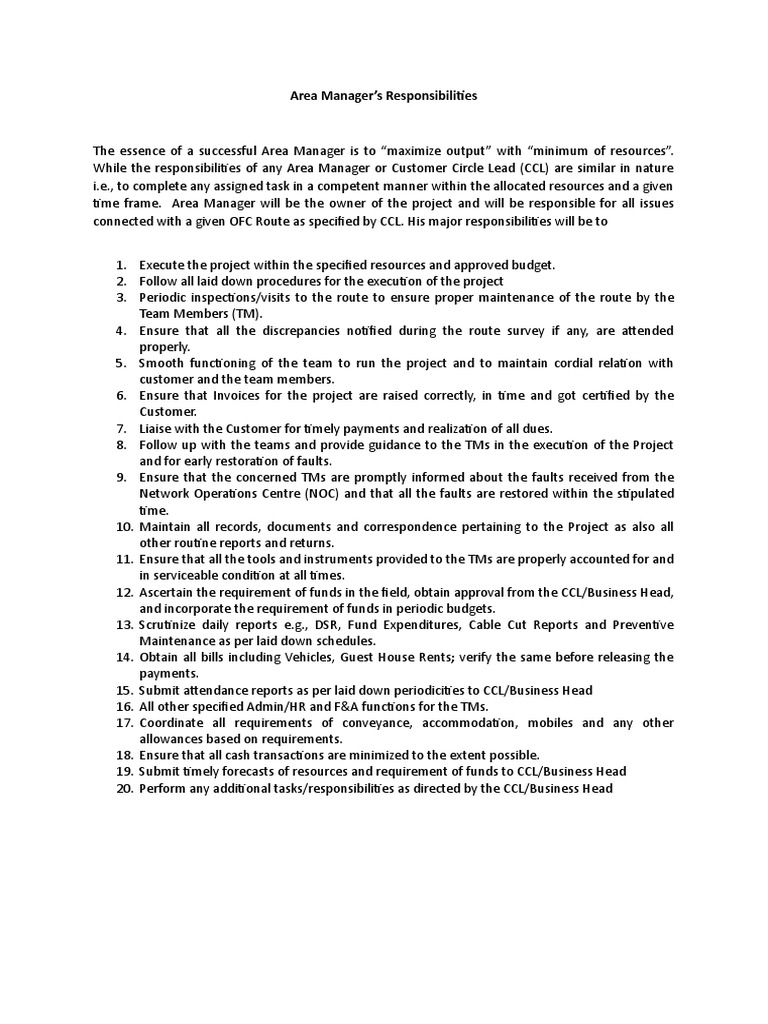 Area Manager Responsibilities Overview | PDF | Business