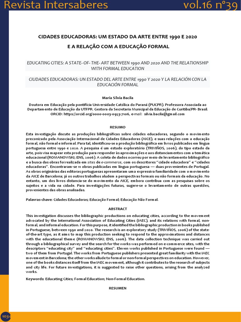 Bacila, Maria Silvia. Cidades Educadoras Um Estado Da Arte Entre 1990 A ...