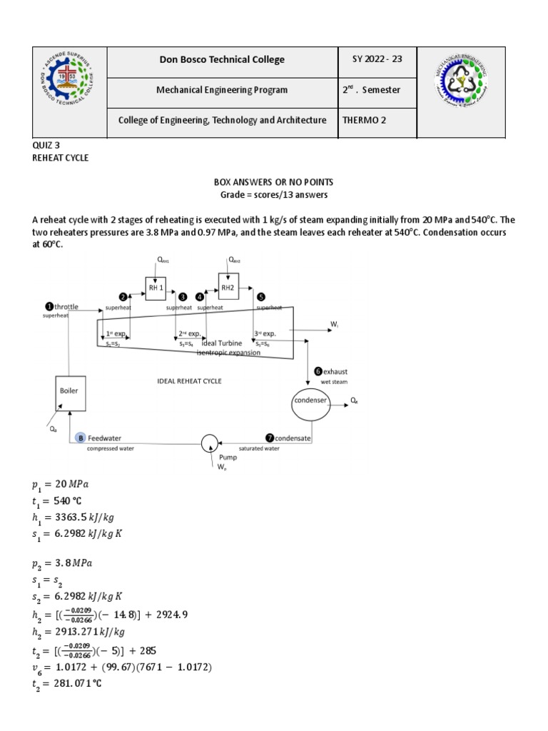 Don Bosco Technical College Mechanical Engineering Program THERMO 2 Quiz Reheat Cycle | PDF ...