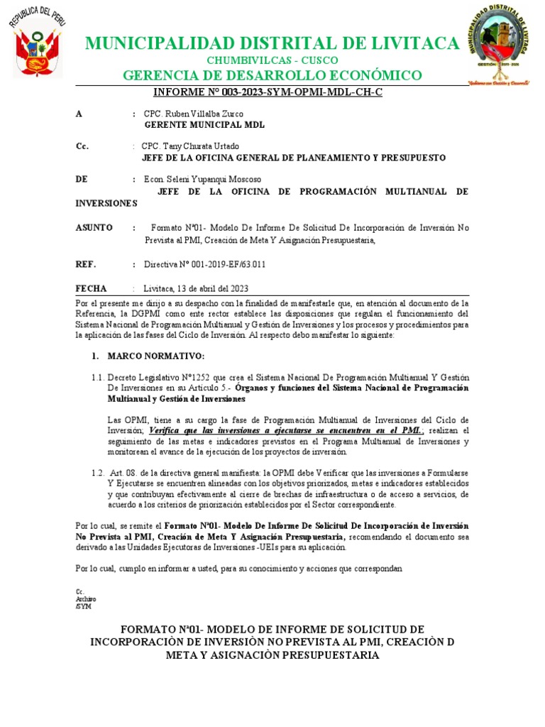 INFORME N°003-2023-MDL Formato para Las Incorporaciones No Previstas en ...
