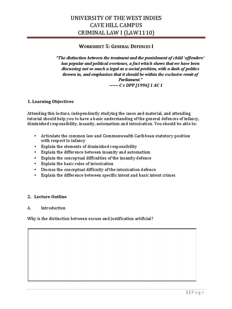 CAVE HILL Criminal Law I Worksheet 5 - General Defences | PDF ...