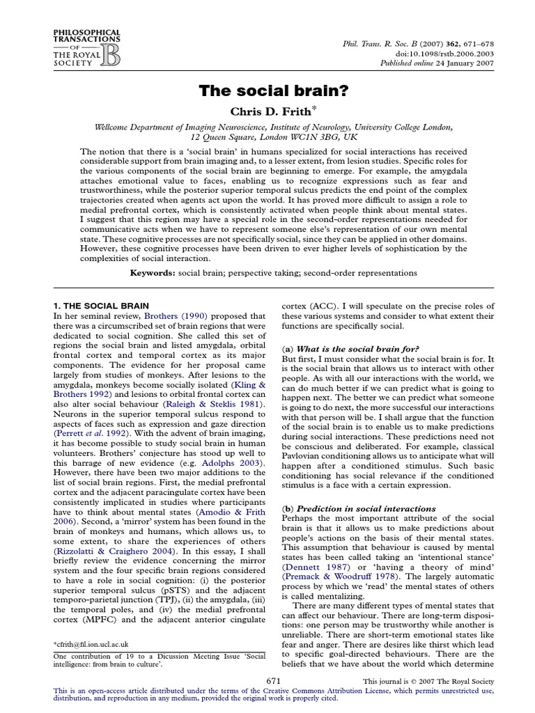 The Social Brain | PDF | Prefrontal Cortex | Theory Of Mind
