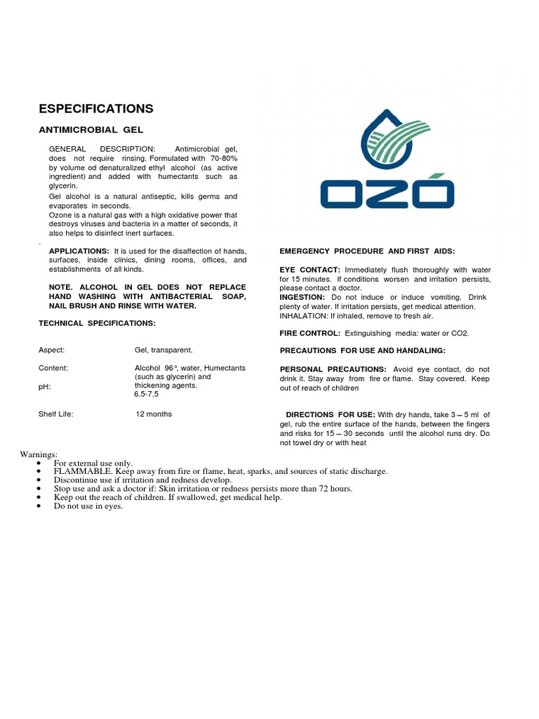 Ozó Hand Sanitizer Spec Sheet | PDF | Topical Medication | Ethanol
