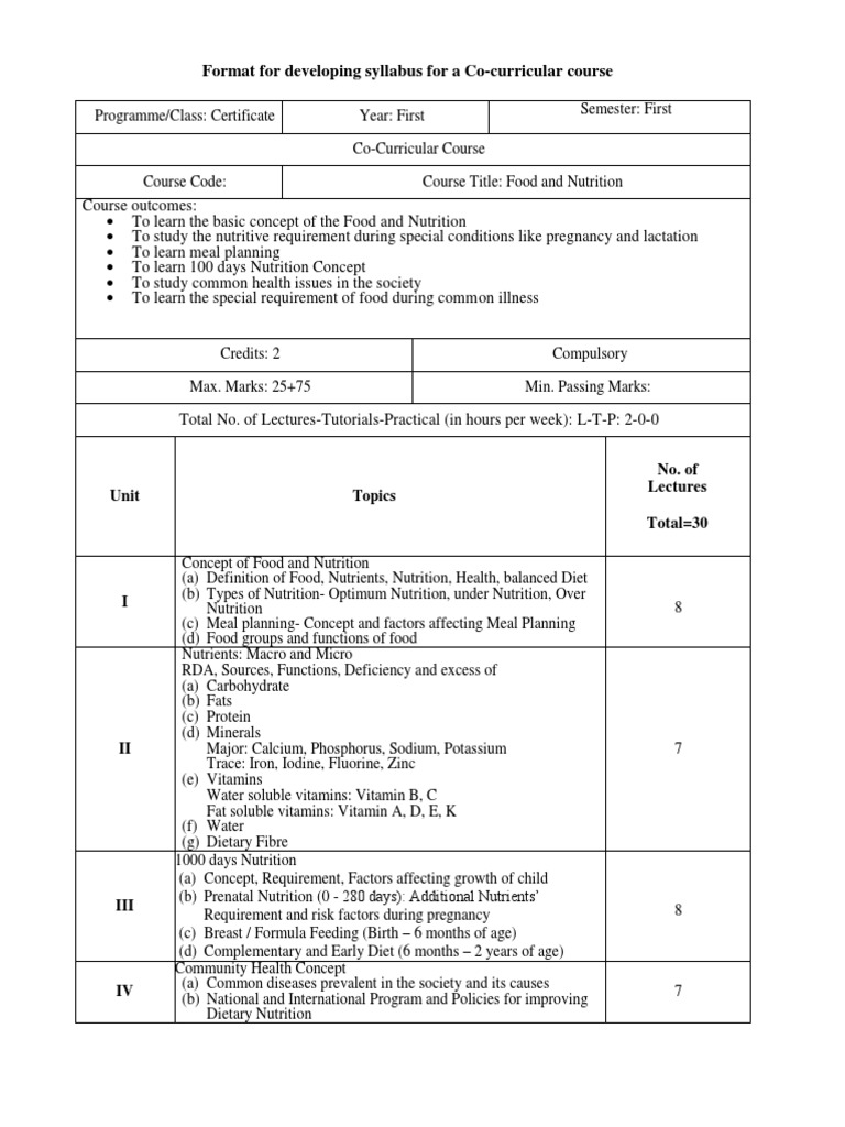 Food and Nutrition Co-curricular Syllabus | PDF | Nutrients | Nutrition