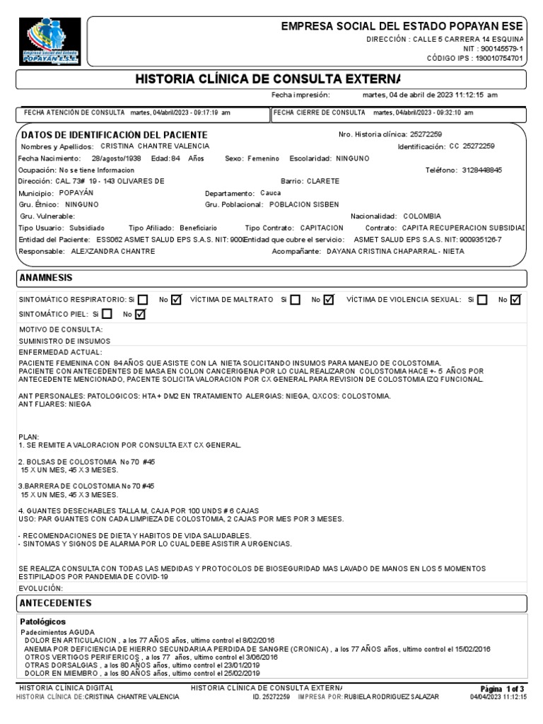 Historia Clínica de Consulta Externa: Empresa Social Del Estado Popayan Ese | PDF | Ciencias de ...
