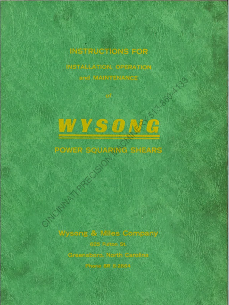 Wysong Power Squaring Shear Instructions For Installation, Operation ... Wysong Power Squaring Shear Instructions For Installation, Operation ...