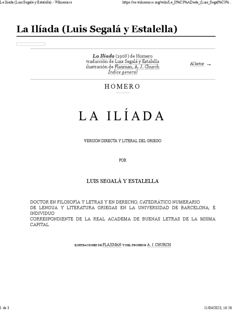 Segalá y Estalella, L (1908) Homero, La Ilíada | PDF