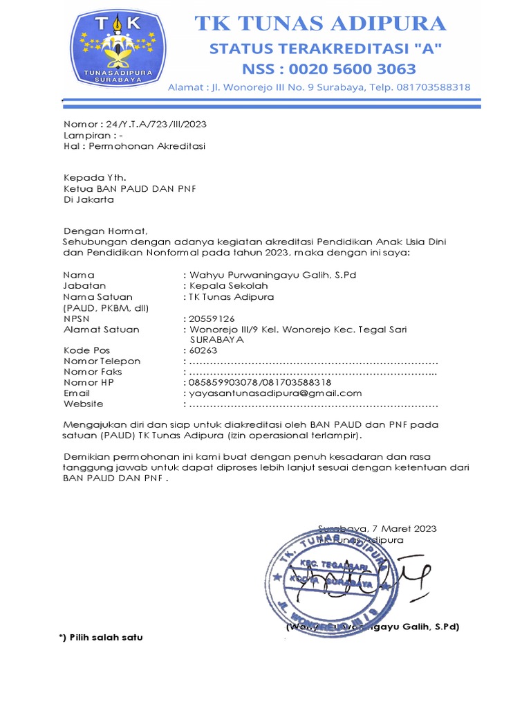 Format Surat Permohonan Pengajuan Akreditasi Paud PKBM | PDF