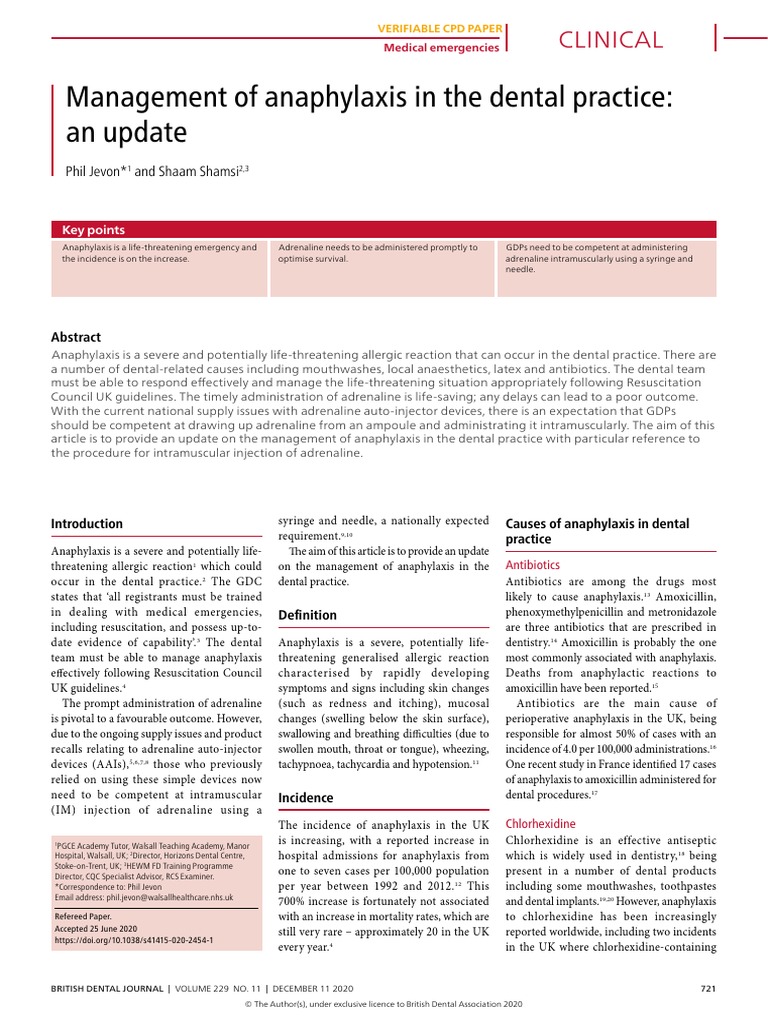 Management of Anaphylaxis in The Dental Practice: An Update: Clinical ...