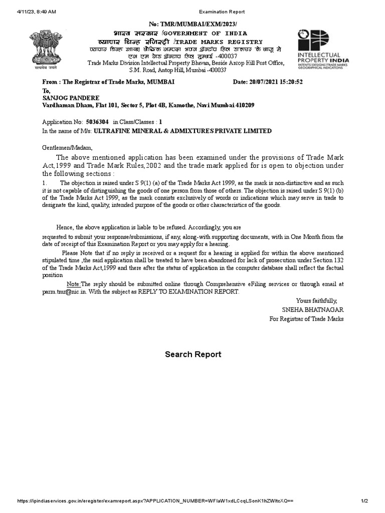 Examination Report 5036304 | PDF | Trademark | Intellectual Works