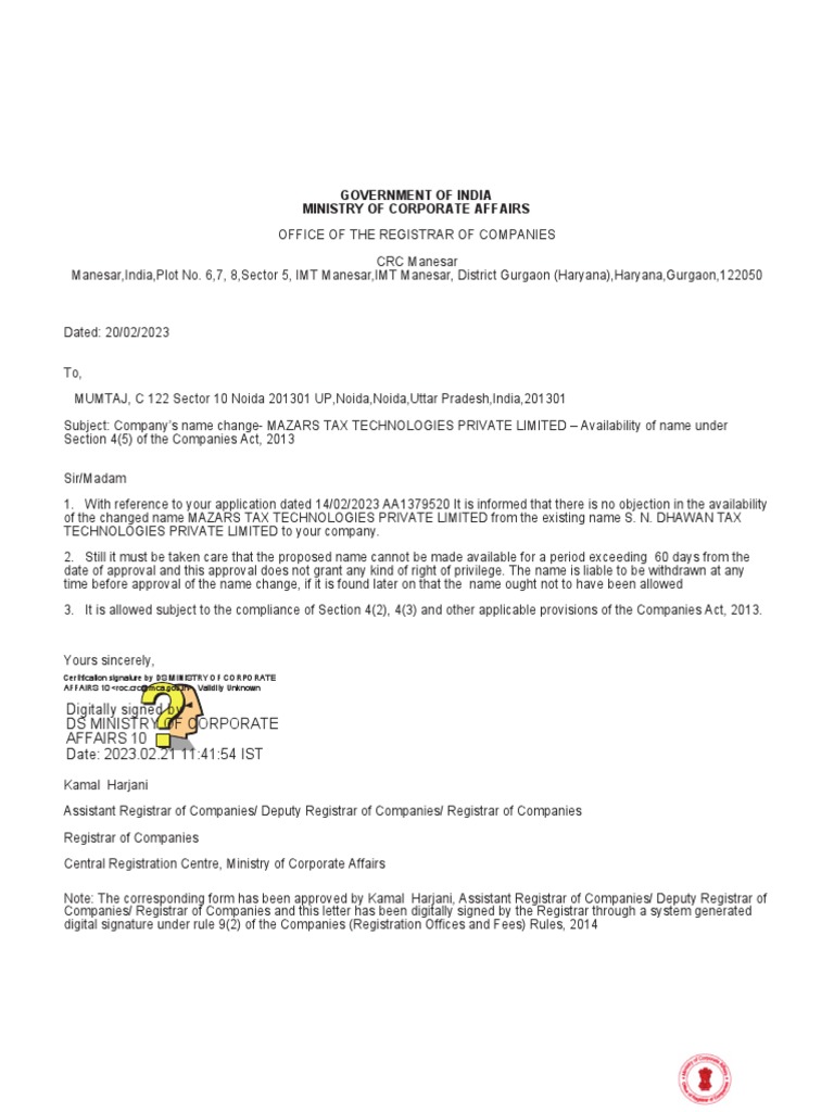 Name Approval letter-MOA-AOA-SR Notice-EGM Documents | PDF
