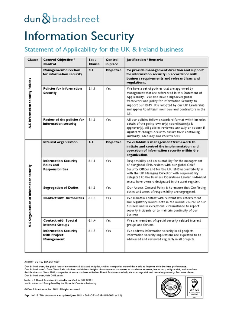 Information Security: Statement of Applicability For The UK & Ireland ...