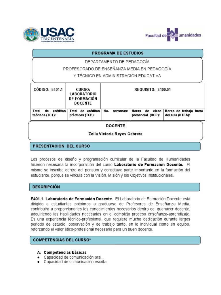 Programa de Estudios: CÓDIGO: E401.1 Curso: Laboratorio de Formación ...