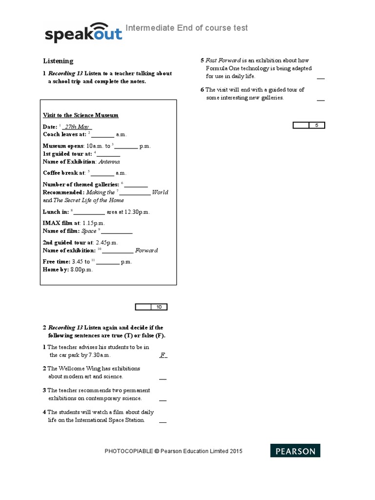 Speakout Perason Intermediate End of Course Test | PDF