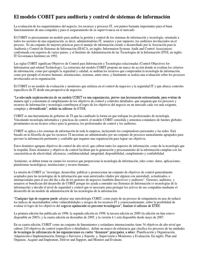 El Modelo COBIT para Auditoría y Control de Sistemas de Información | PDF | Cobit | Información