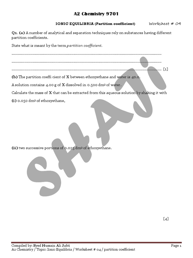 Ionic Equilibria (WS#04-Partition Coefficient) | PDF | Chemical Equilibrium | Solubility